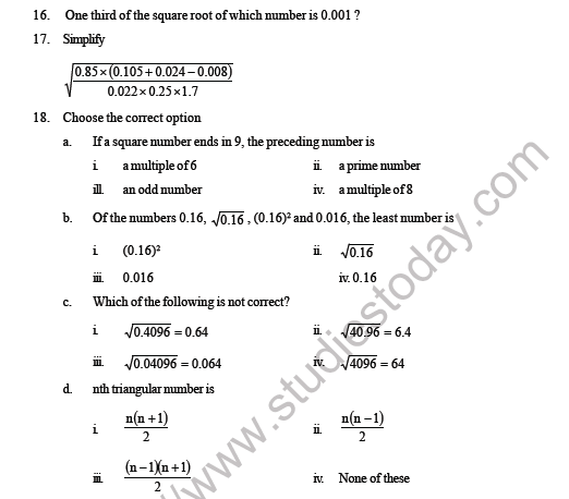 CBSE Class 8 Maths Square and Square Roots Question Bank